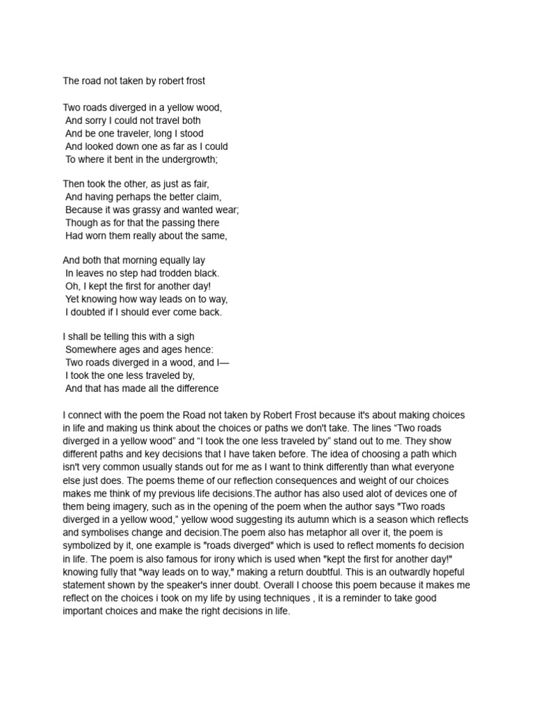 Analyzing "The Road Not Taken" Poem | PDF