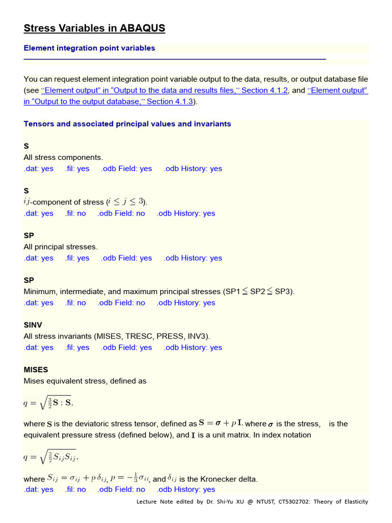 ABAQUS Stress Variables Overview | PDF