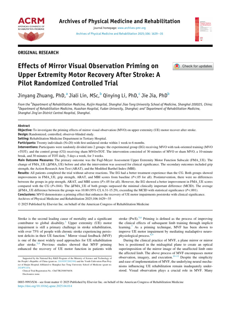 Mirror Visual Observation in Stroke Rehab | PDF | Stroke | Priming ...