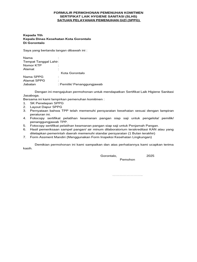 Permohonan Sertifikat Laik Hygiene Sanitas | PDF