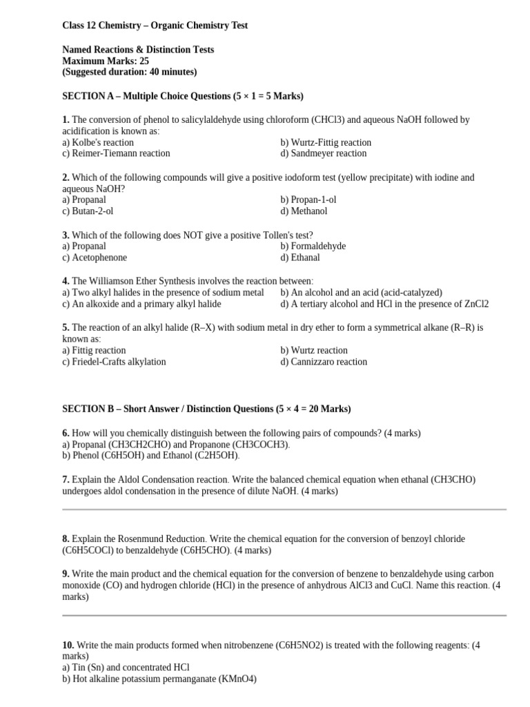 Class 12 Chemistry Named Reaction O.C. 20 Nov 2025 | PDF | Ethanol | Ether