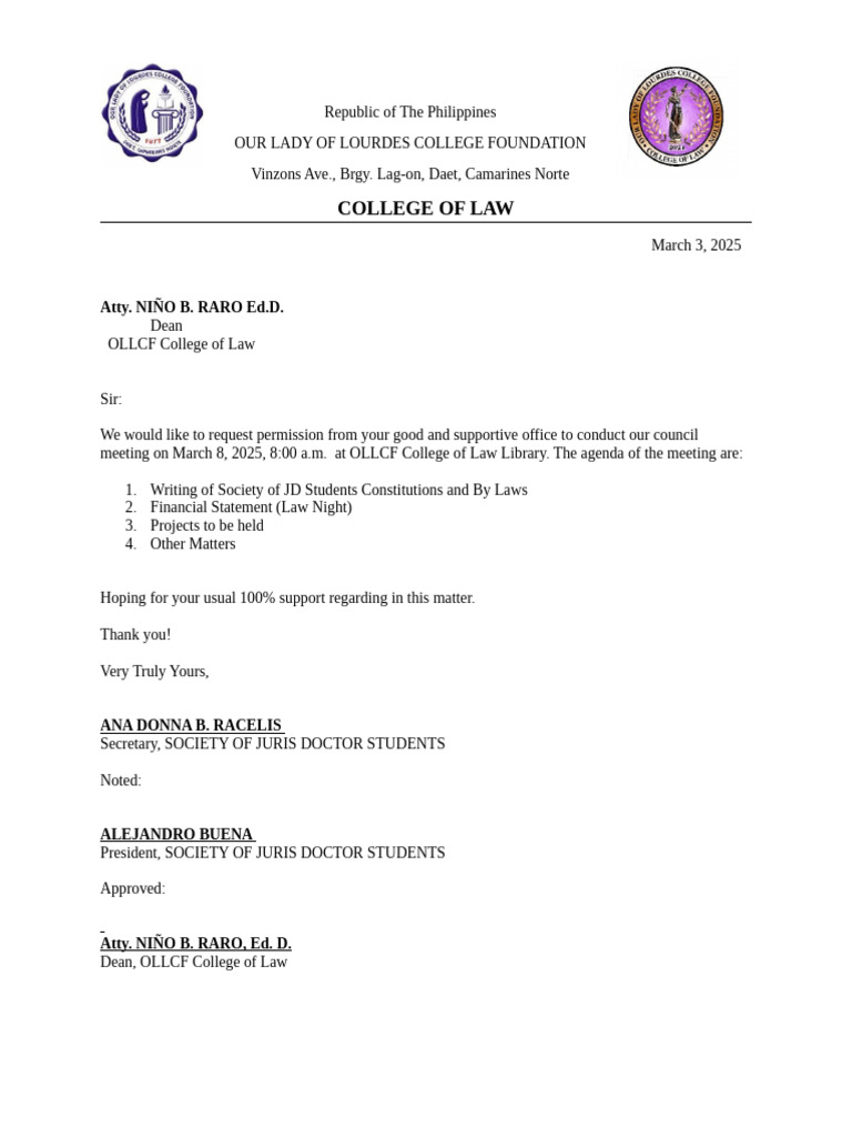 OLLCF JD Students Council Meeting Request | PDF