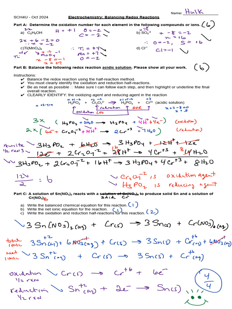 Practice Quiz #1 Answer Key - Oxidation Numbers and Balancing Redox ...