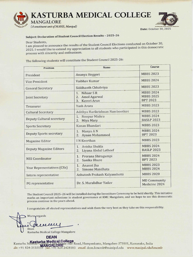 Declaration of Student Council Election Results 2025-26 | PDF