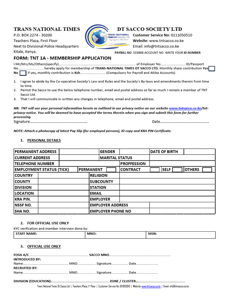 TNT SACCO Membership Application | PDF