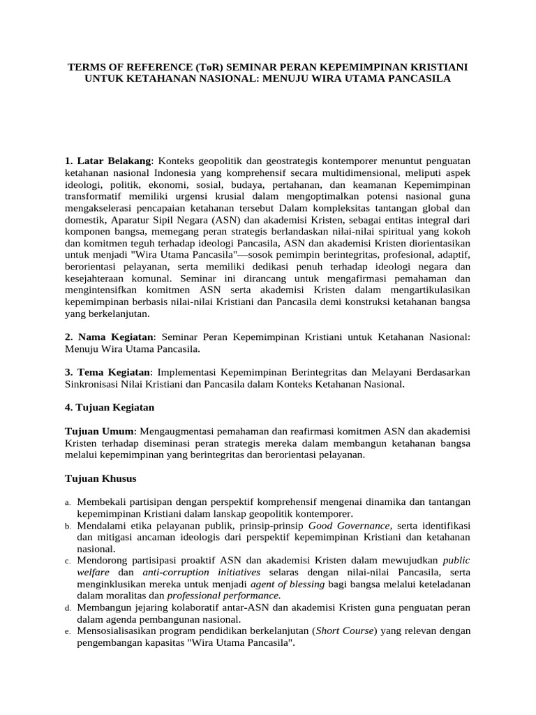 Terms of Reference Seminar Wira Utama Pancasila | PDF