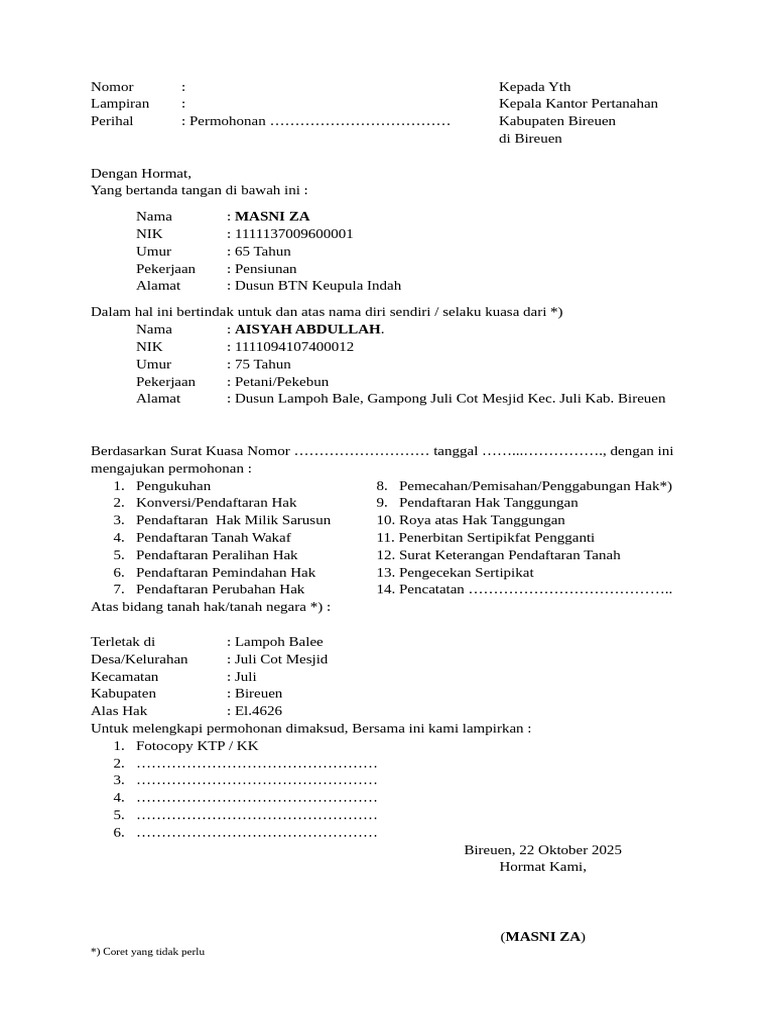 Surat Permohonan Bpn Masni | PDF