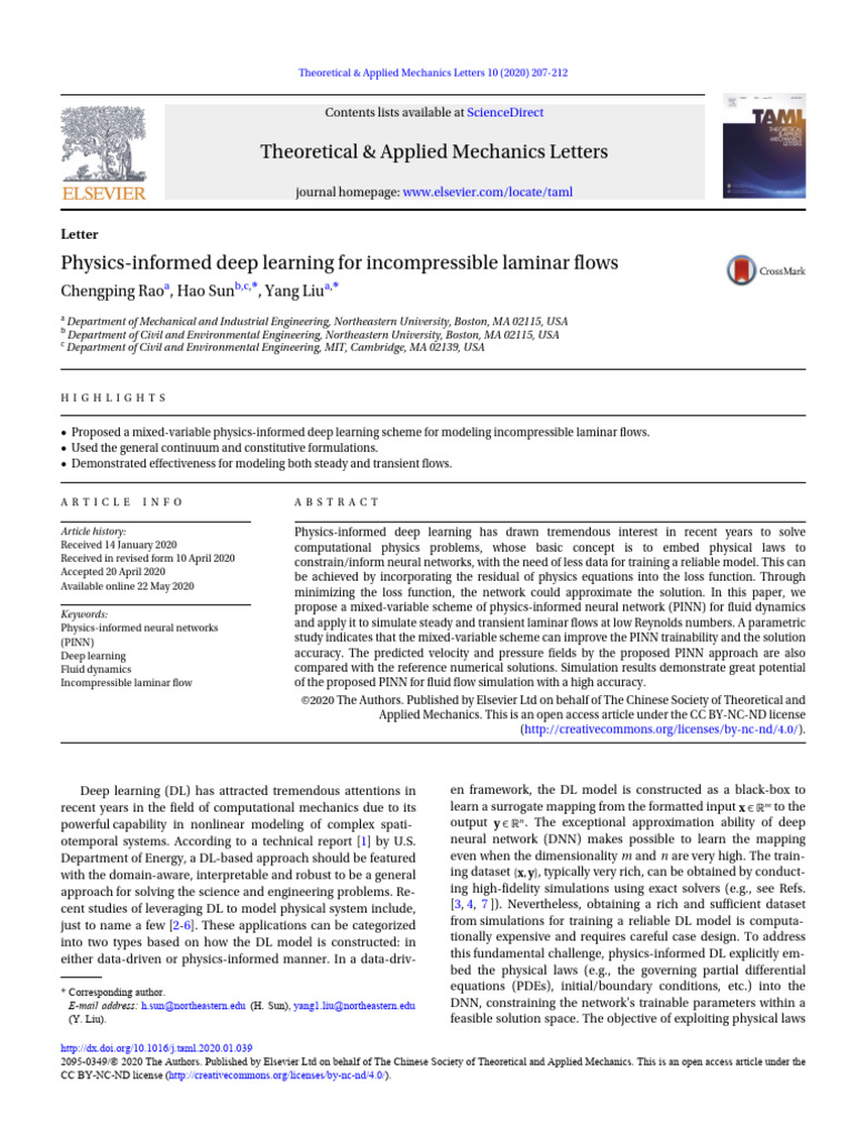 Physics Informed Deep Learning For Incompre - 2020 - Theoretical and Applied Mec | PDF | Fluid ...