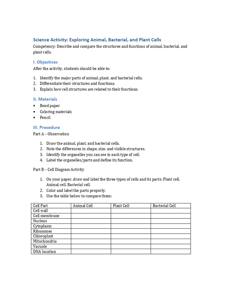 Science Activity Animal Bacterial Plant Cells | PDF
