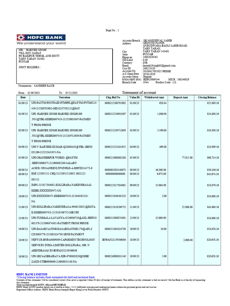 HDFC Bank Account Statement Summary | PDF | Institutional Investors | Banks