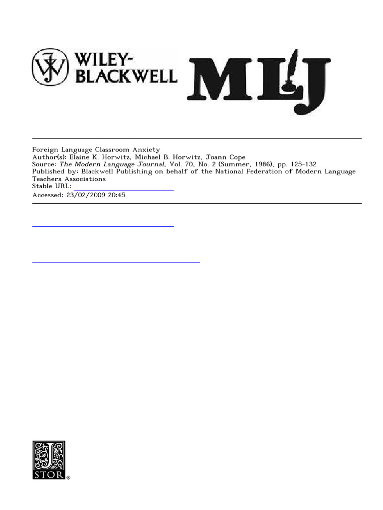 Horwitz & Cope, Foreign Language Classroom Anxiety | PDF | Second ...