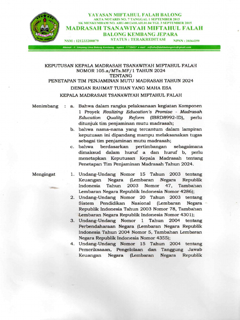 SK Tim Penjamin Mutu Madrasah | PDF
