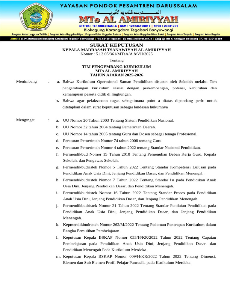 Tim Pengembang Kurikulum MTs 2025-2026 | PDF