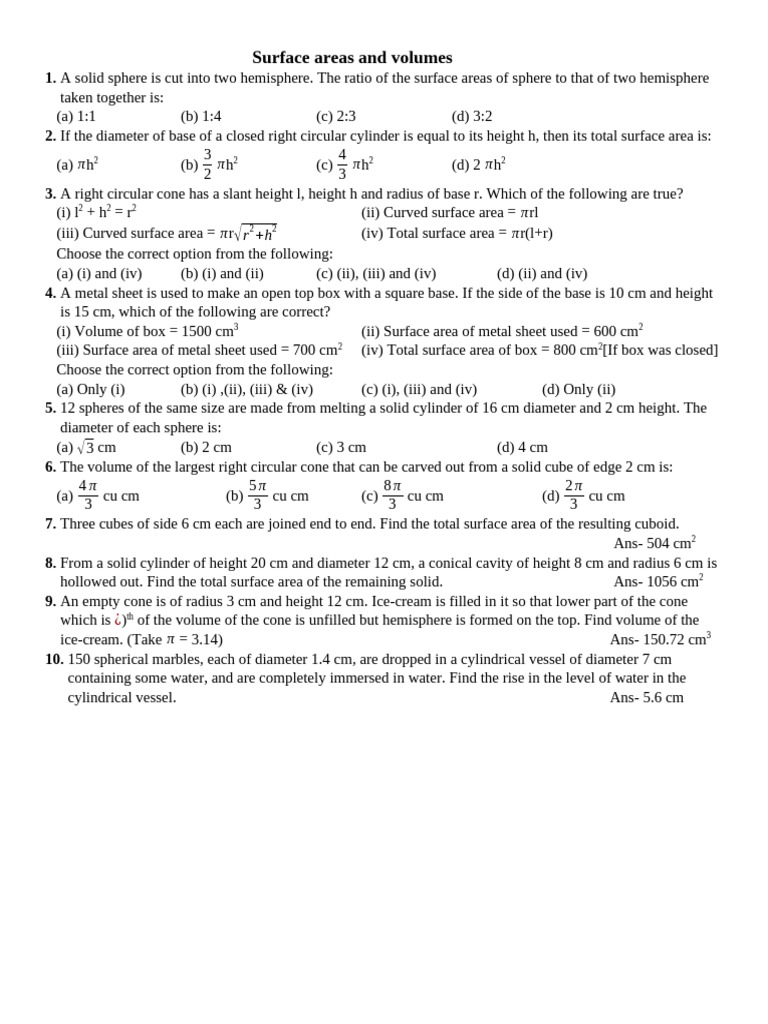 Surface Areas and Volumes Explained | PDF | Sphere | Area