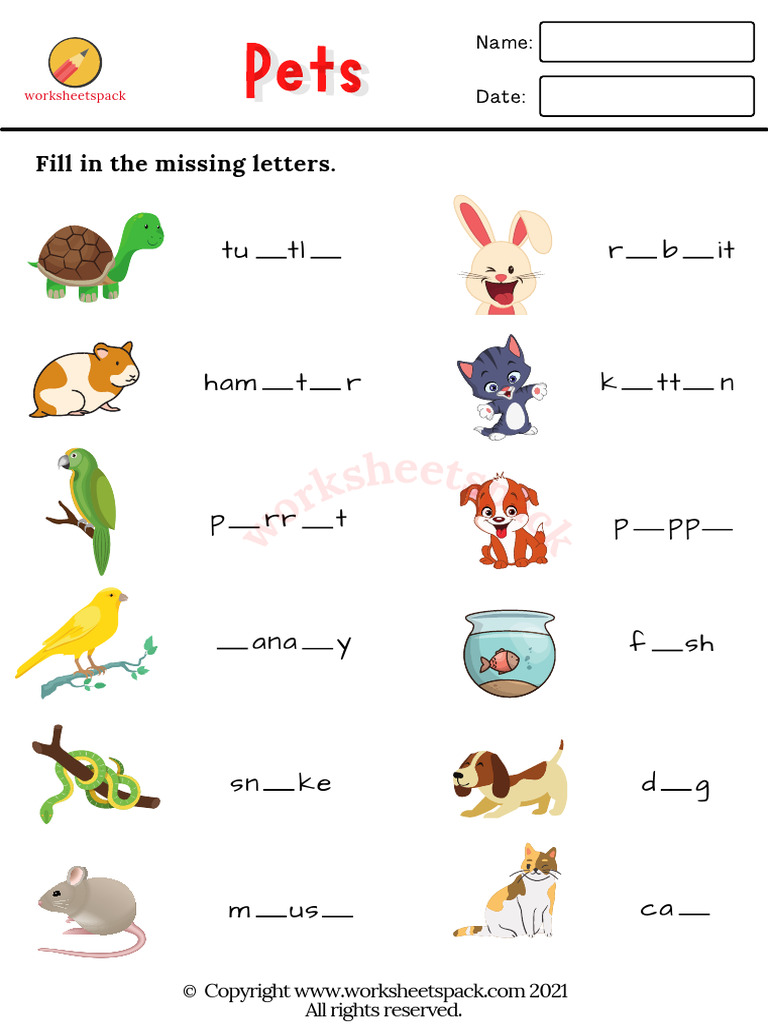 Pets Worksheets Fill in The Missing Letters | PDF