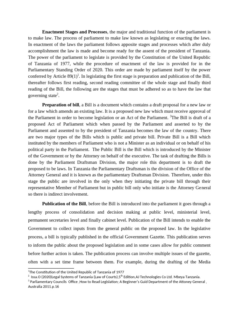 Tanzanian Parliamentary Law Enactment Process | PDF | Bill (Law) | Act ...