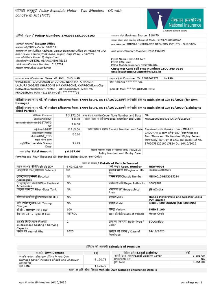 Policy Number:: Policy Schedule-Motor - Two Wheelers - Od With Longterm ...