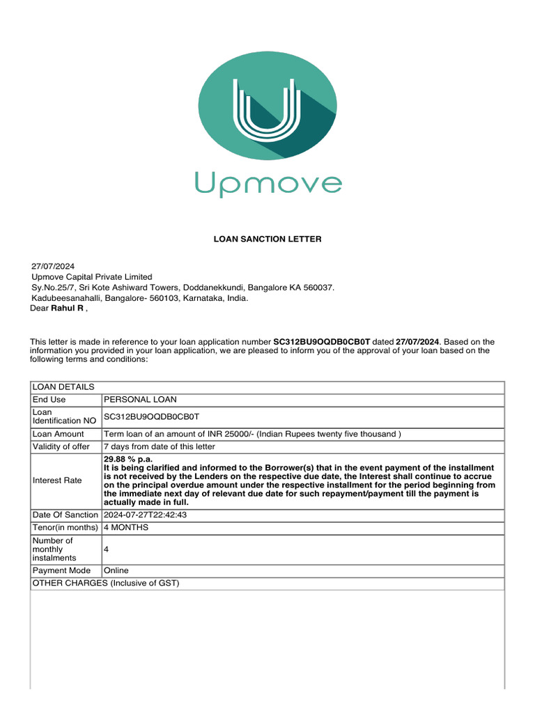 Signed Sanction Letter SC312BU9OQDB0CB0T | PDF | Loans | Interest