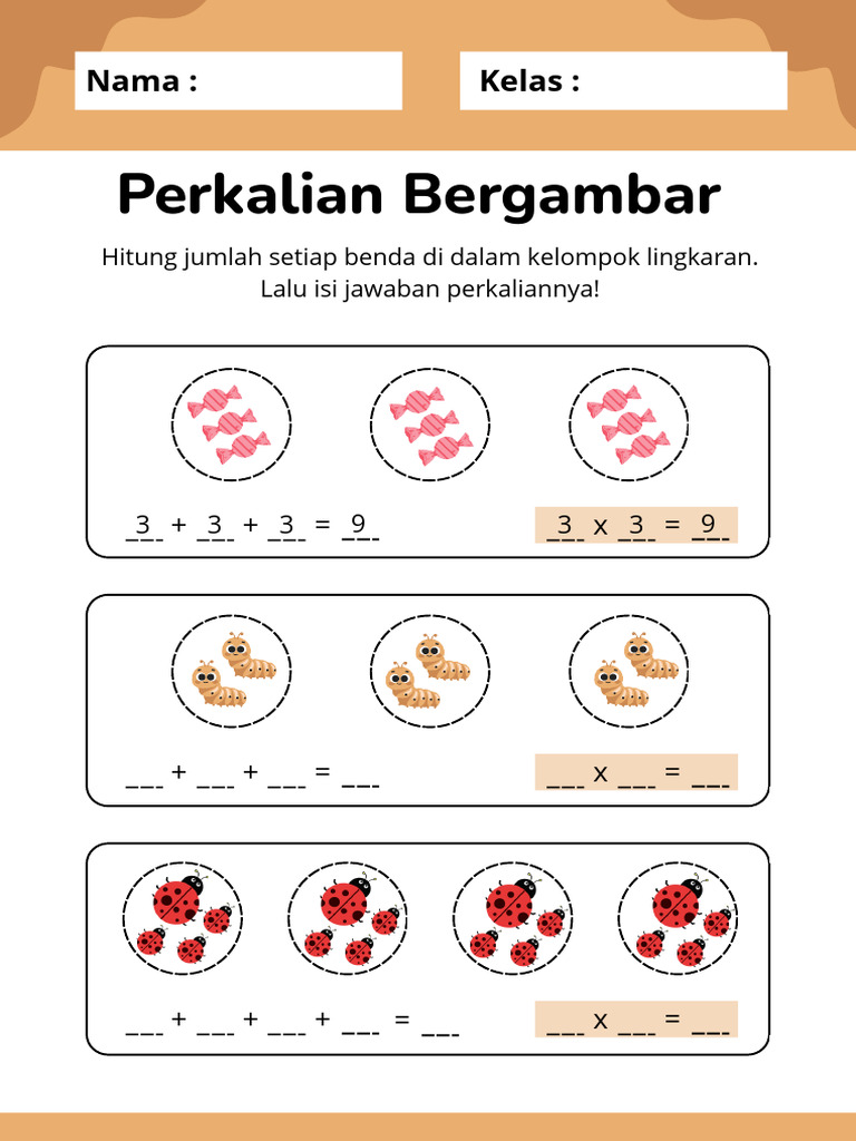 Perkalian Bergambar Lembar Kerja Cokelat Putih Minimalis | PDF