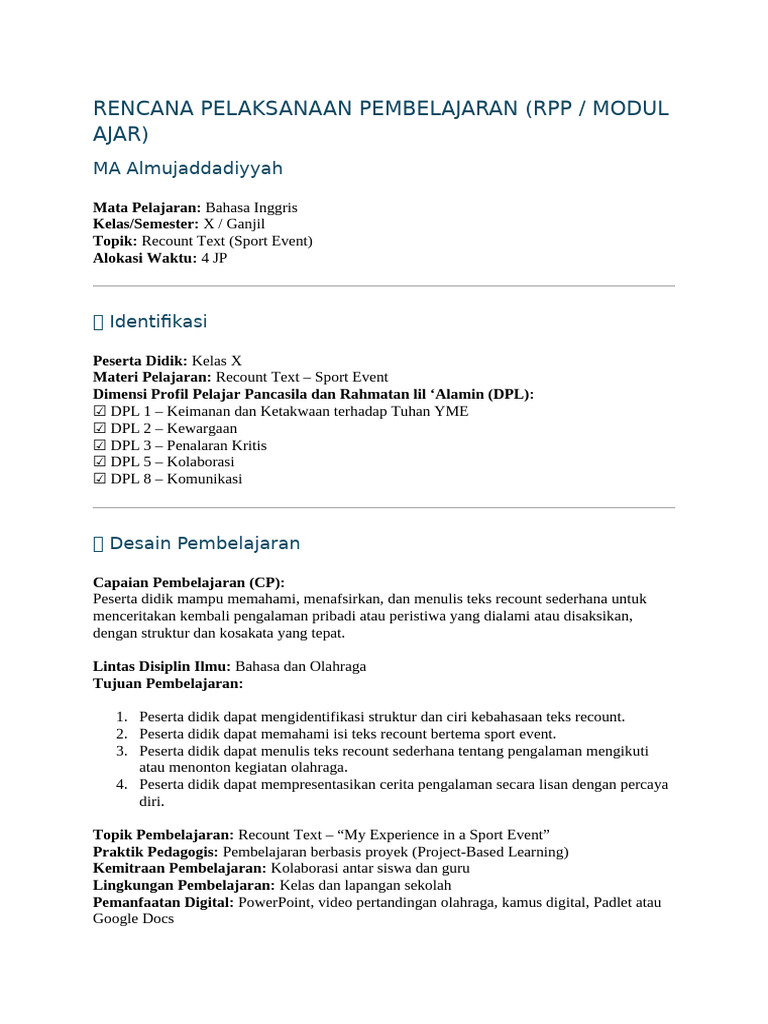 RPP Bahasa Inggris: Recount Text Olahraga | PDF
