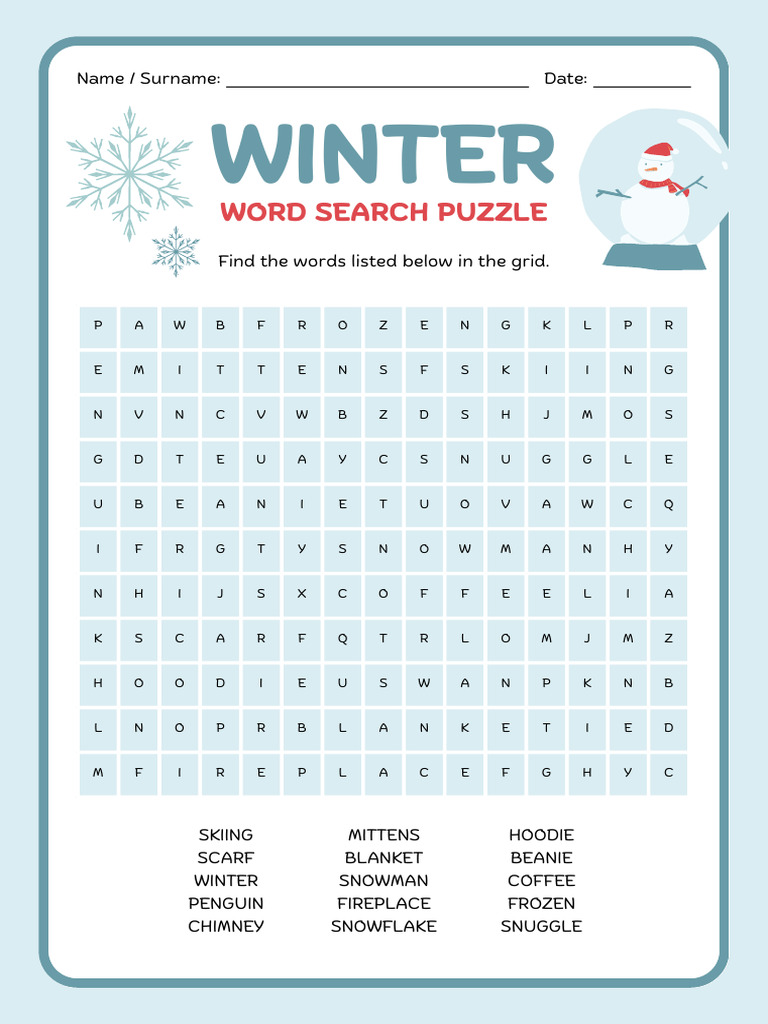 Winter Word Search Puzzle Worksheet in Grey Blue Cozy Style | PDF