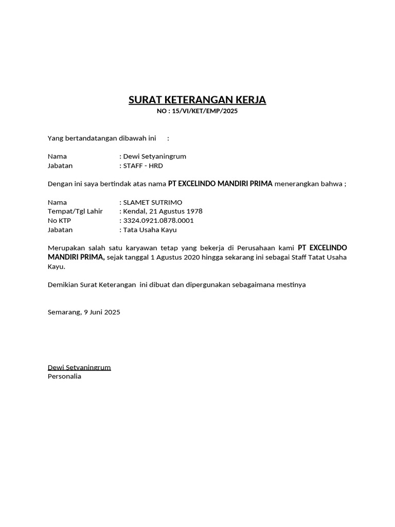 Surat Keterangan Kerja Karyawan PT Excelindo | PDF