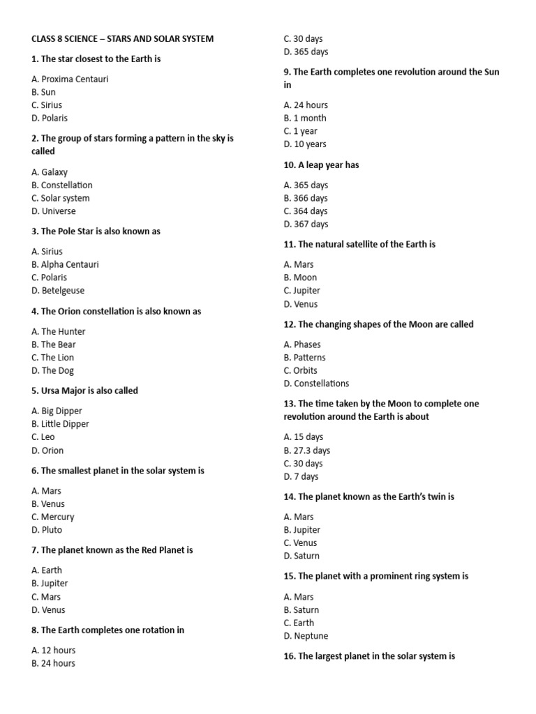 Class 8 Science: Stars & Solar System Quiz | PDF | Planets | Solar System