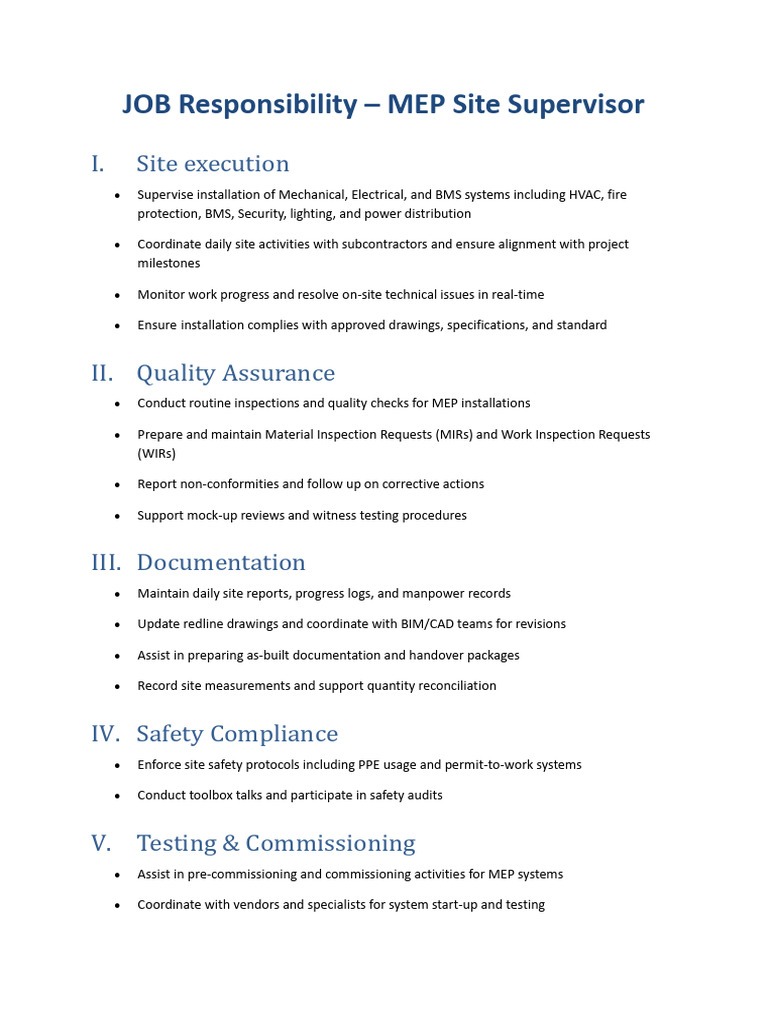 MEP Site Supervisor Job Responsibilities | PDF