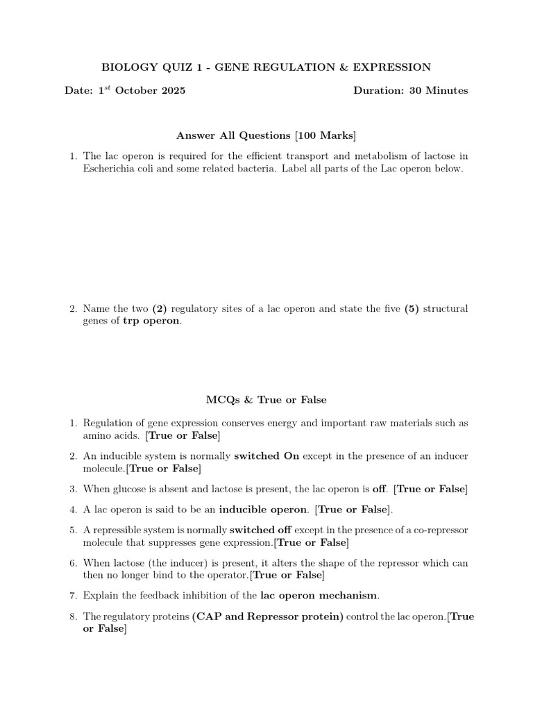 Gene Regulation Quiz: Lac & Trp Operons | PDF