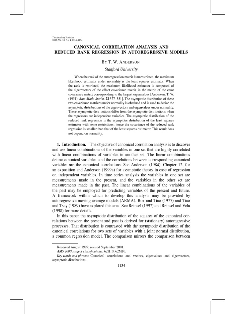 Canonical Correlation Analysis and Reduced Rank Regression in ...