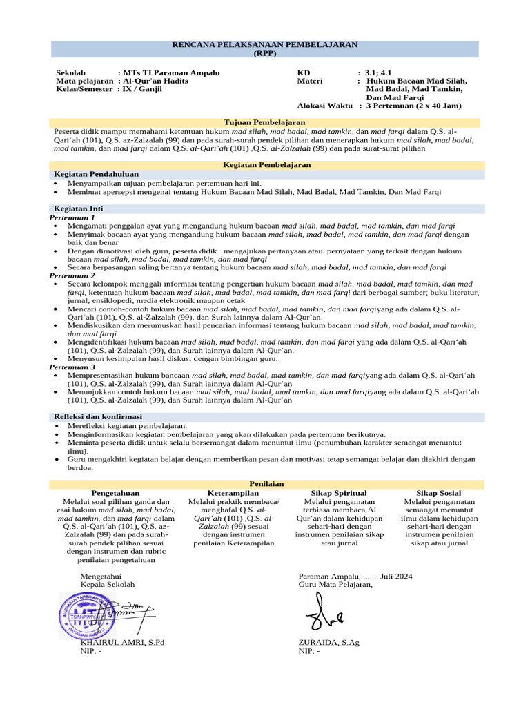 1. RPP Hukum Bacaan Mad Silah, Mad Badal, Mad Tamkin, Dan Mad Farqi | PDF