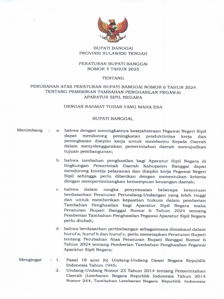 Perbup 2025 5-Perubahan Atas Perbup 2024 6-Pemberian TPP ASN | PDF