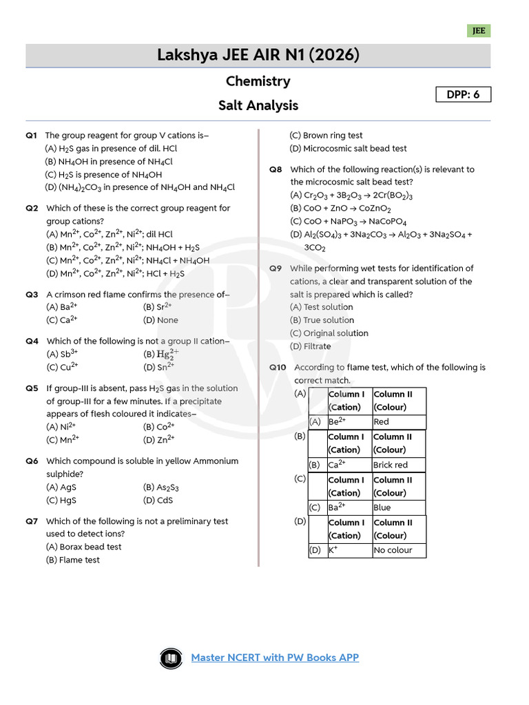 Salt Analysis DPP 06 (Extra DPP) Lakshya JEE AIR N1 (2026) | PDF | Materials | Chemical Compounds