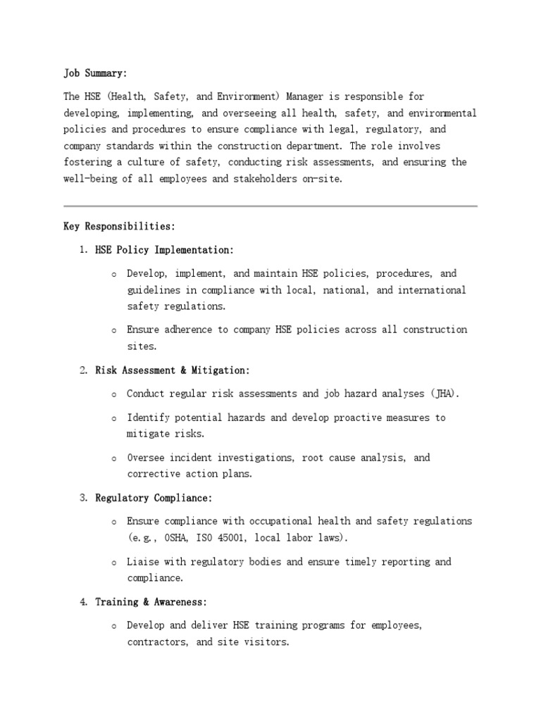 HSE Manager Job Description for Construction | PDF | Occupational ...