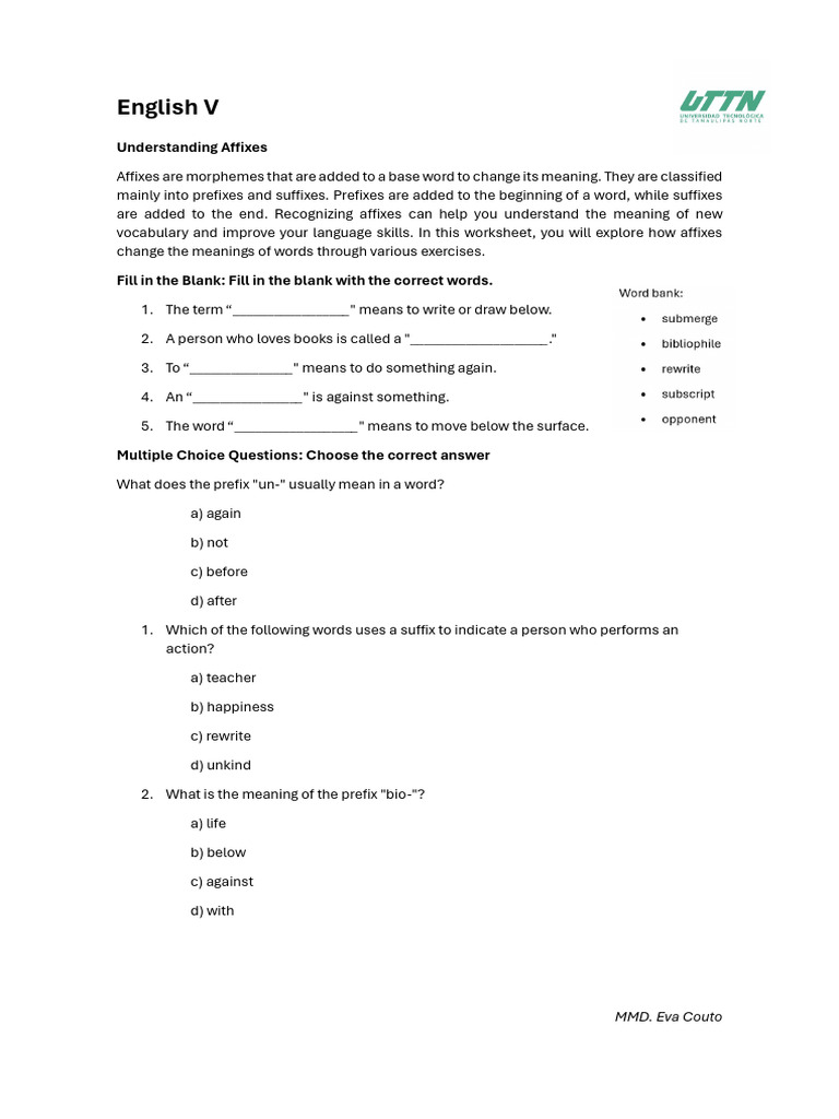 Affixes Worksheet | PDF