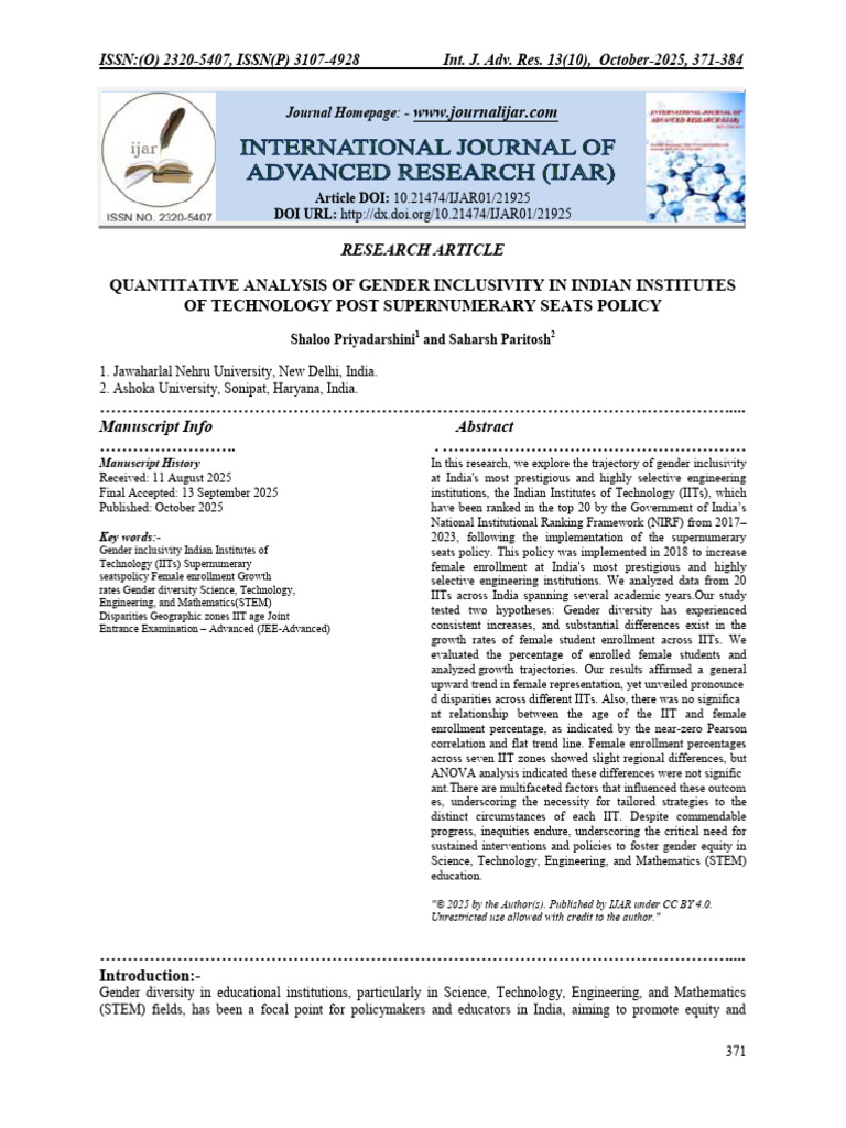 Quantitative Analysis of Gender Inclusivity in Indian Institutes of ...