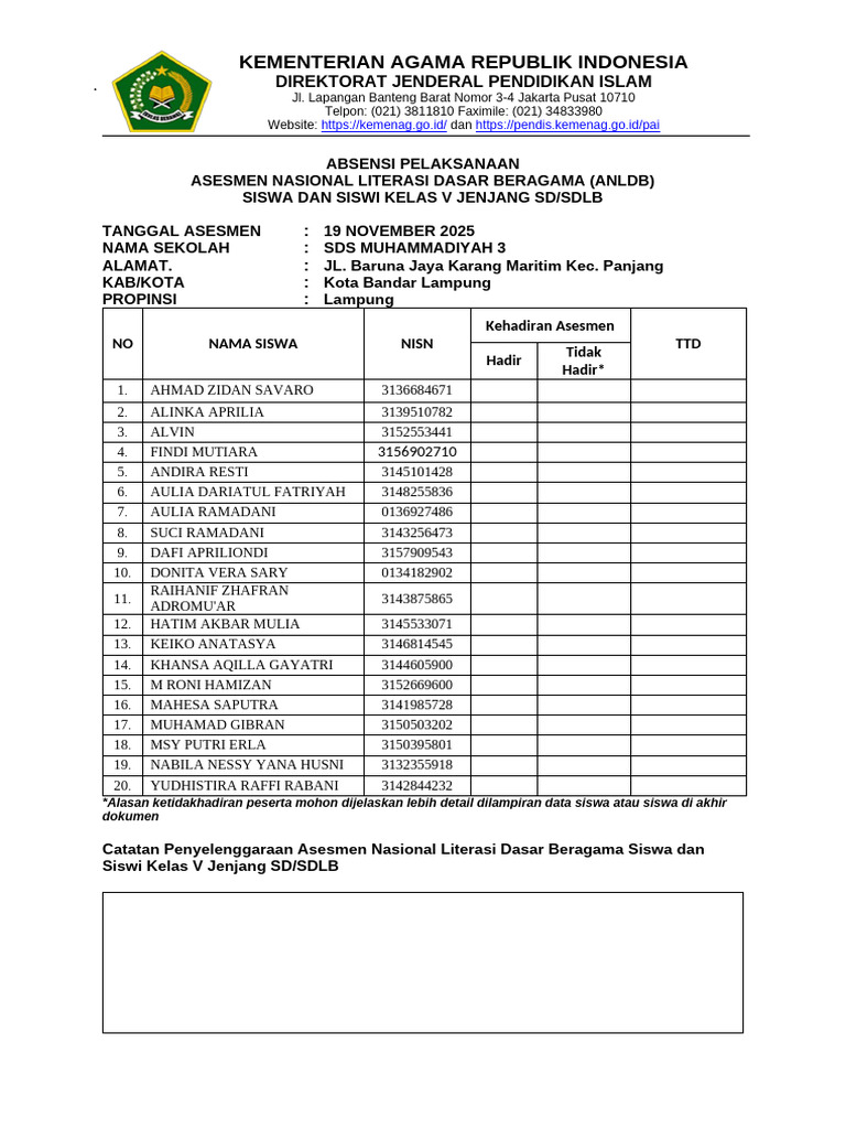 Absensi Asesmen Siswa - Enumerator | PDF