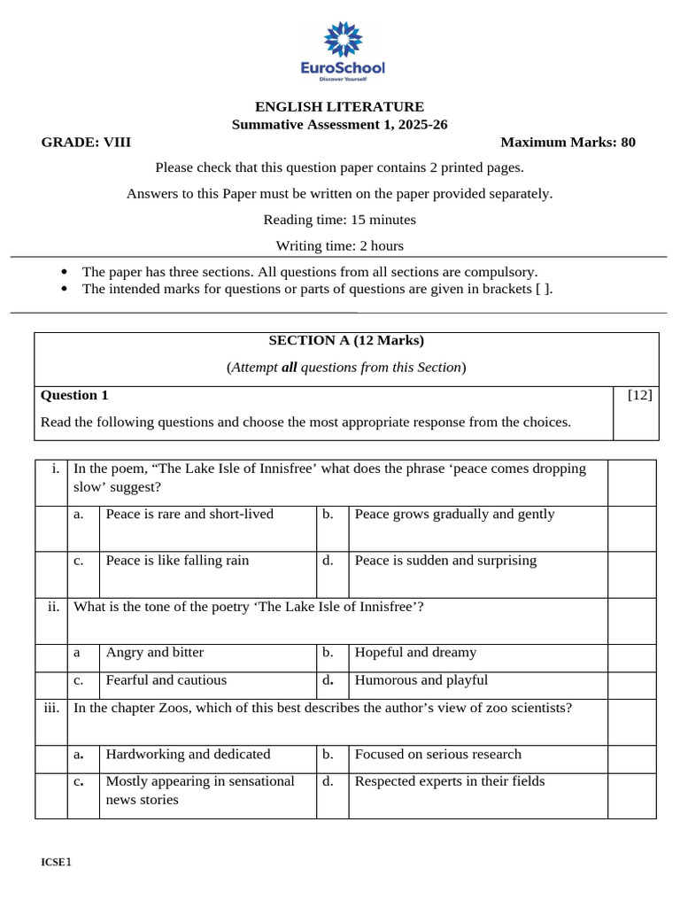 English Literature Summative Assessment 1, 2025-26 Grade: Viii Maximum ...