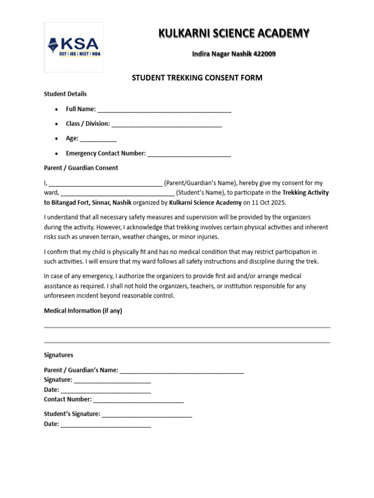 Student Trekking Consent Form | PDF