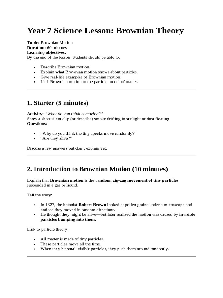 Year 7 Brownian Motion Lesson Plan | PDF | Brownian Motion | Particle