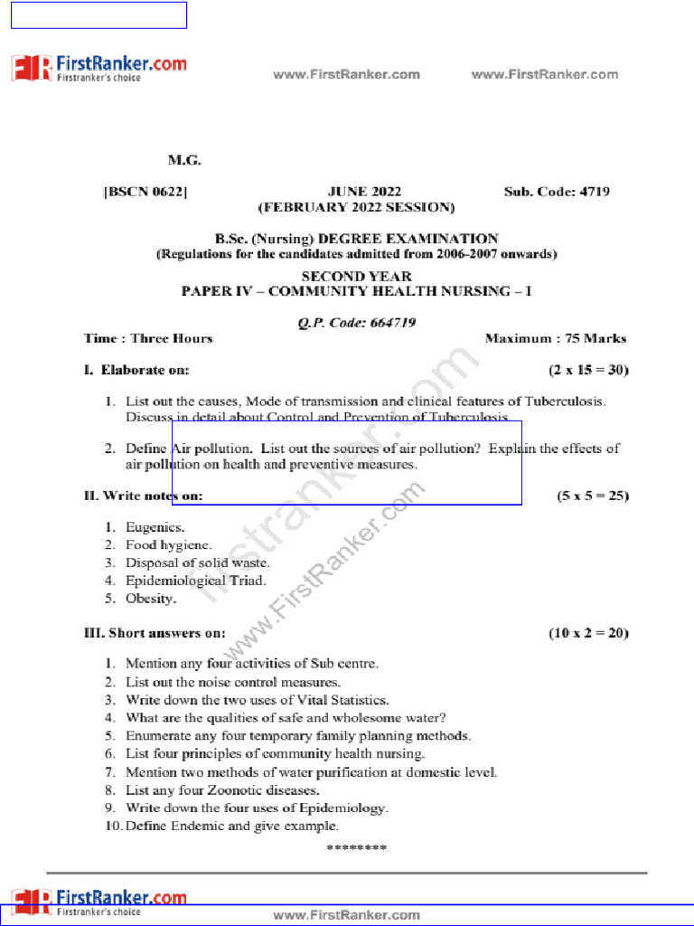 FR 664719 Paper Community Health Nursing I Question Paper | PDF