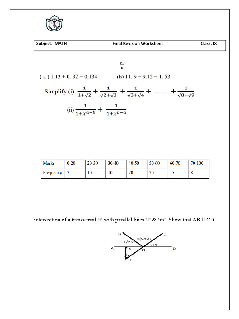 Grade 9 Finals Maths Worksheet 2024-25 | PDF | Euclid | Geometry