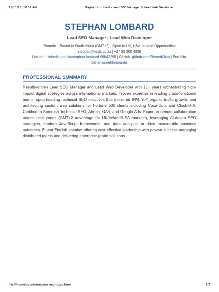 Stephan Lombard Resume 2025 Optimized | PDF | Search Engine ...
