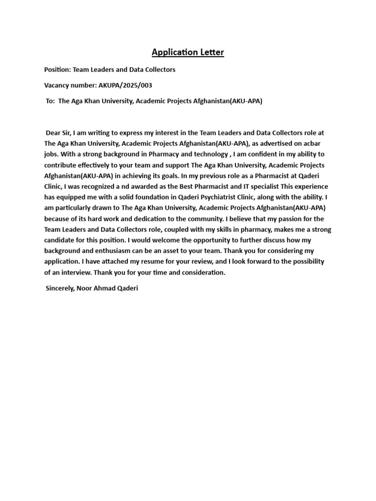 Application Letter For Agha Khan | PDF