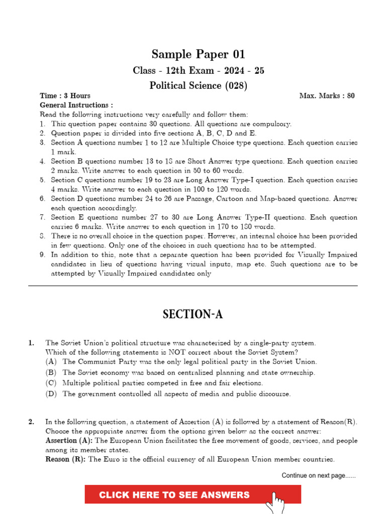 CBSE Class 12 Political Science Sample Paper | PDF | Indian National ...