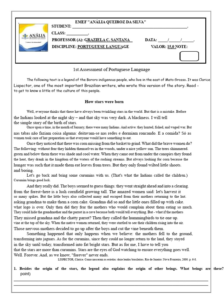 Portuguese Language Assessment 7th Grade 1st Trimester | PDF