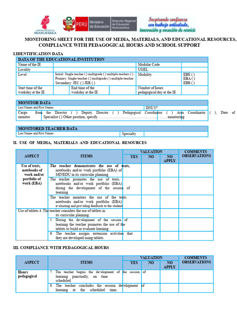 Monitoring Sheet For The Use of Educational Materials PDF | PDF ...
