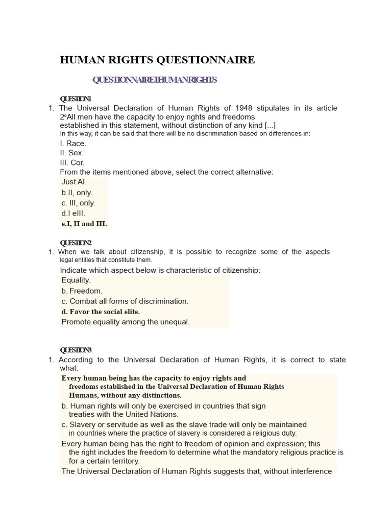 HUMAN RIGHTS QUESTIONNAIRE | PDF | Human Rights | Citizenship