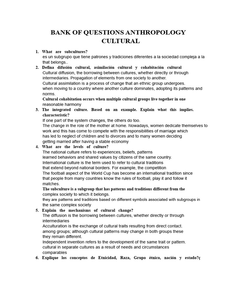 BANK OF QUESTIONS CULTURAL ANTHROPOLOGY yes | PDF | Ethnography ...