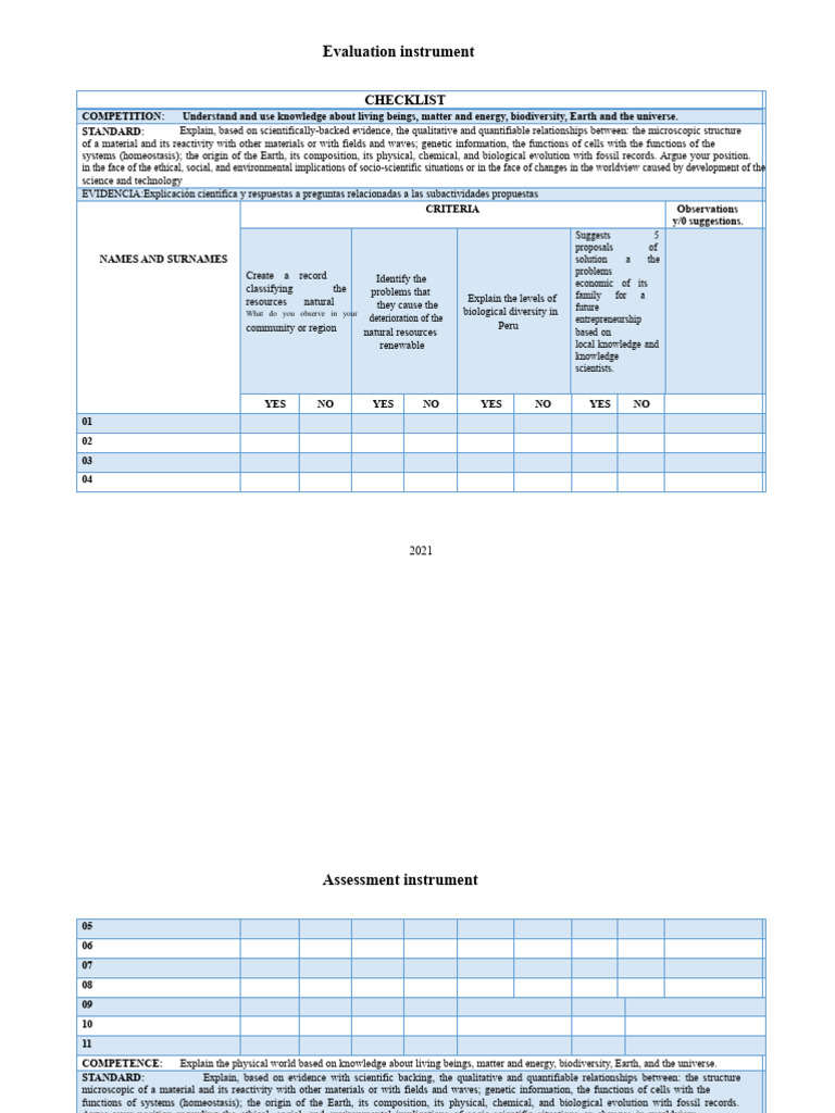 Evaluation Instrument Checklist | PDF | Biodiversity | Science